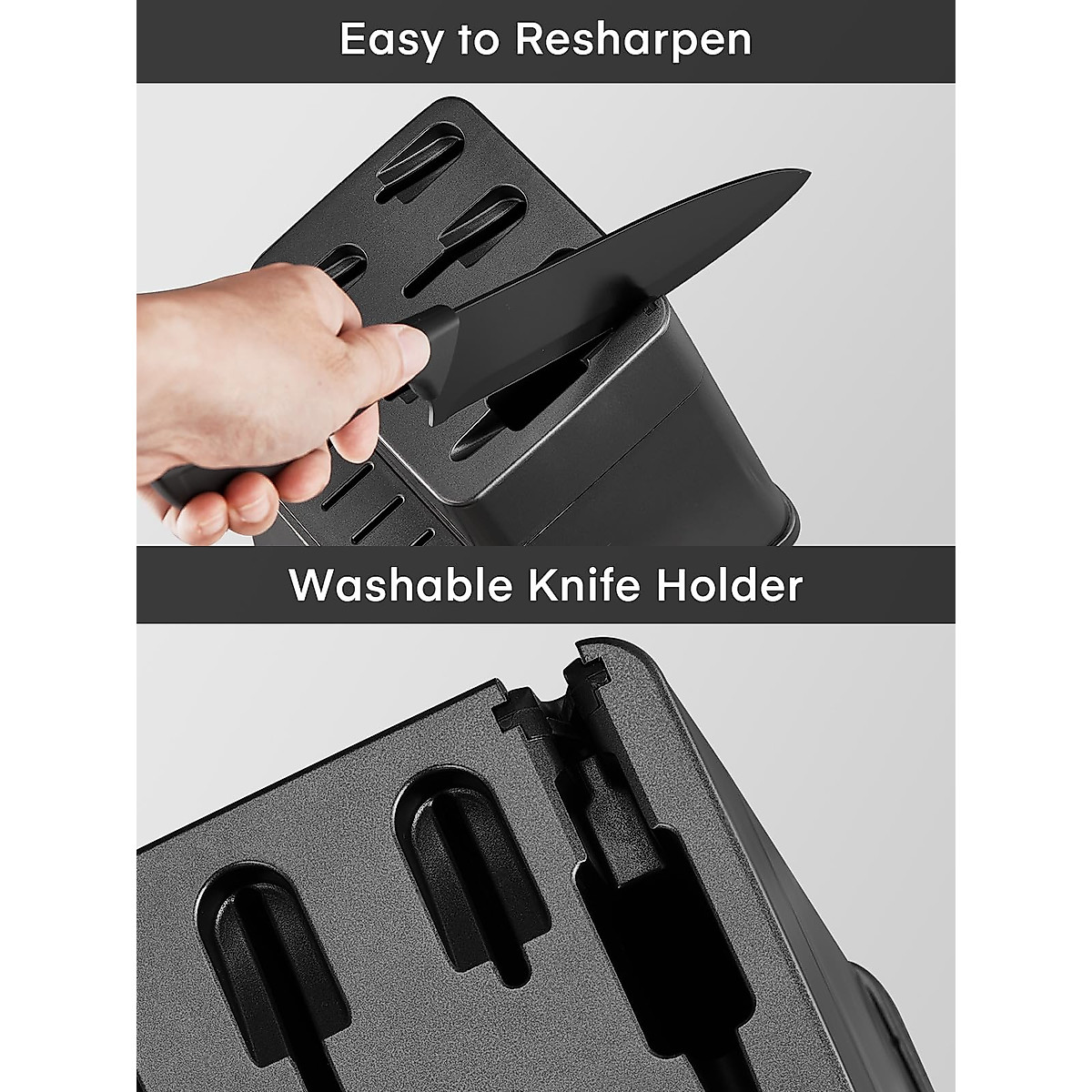 Knife Block Set, FOHERE 13 Pcs Self Sharpening Knife Set, High Carbon Stainless Steel BO Oxidation Knife Set with Anti-slip Handle, Dishwasher Safe, Matte Gray