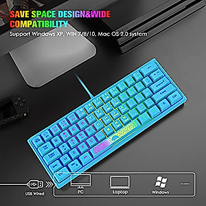 ZIYOU LANG K61 60% Gaming Keyboard Mini Portable with Rainbow RGB Backlit Ergonomic 62Key Layout 19Key Anti-ghosting Mechanical Feel Waterproof USB Wired for PC Mac Windows Gamer Laptop Typists(Blue)