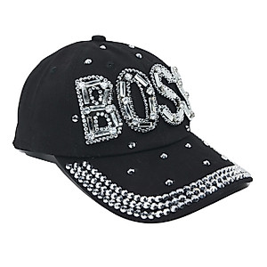 Popfizzy Bling Boss Baseball Cap for Women Rhinestone Hat, Distressed Baseball Caps, Denim Ball Caps (Boss (Black))