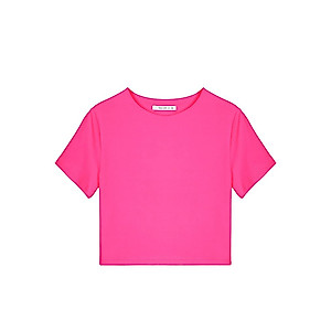 Women's Summer Cute Short Sleeve High Neck Double Lined Tight Casual Basic T Shirts Yoga Crop Tops Tees Neon Rose Red Large