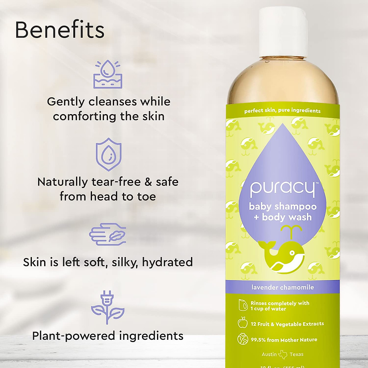 Puracy Baby Shampoo & Body Wash for Children - Pure Ingredients with 12 Fruit & Vegetable Extracts for Silky Smooth Skin, Gentle Lavender Chamomile Aroma, Baby Shampoo, Baby Body Wash 12 Oz (2-Pk)