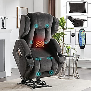 OQQOEE Power Lift Recliner Chair with Massage and Heat for Elderly/Adults, Lift Chairs Movable Recliner Chair with Wheels, Comfy Velvet Lazy Sofa Reclining for Living Room with Cup Holders/Remote/USB