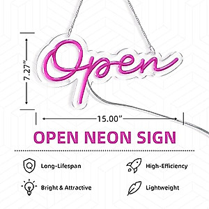 LED Neon Open Sign, MOLCOVEX 15"x 7.3" Business Open Sign with Remote, Adjustable Brightness Open Neon Lights for Restaurant Bar Salon Stores Hotel Wall Decor Light Open Sign (Pink)