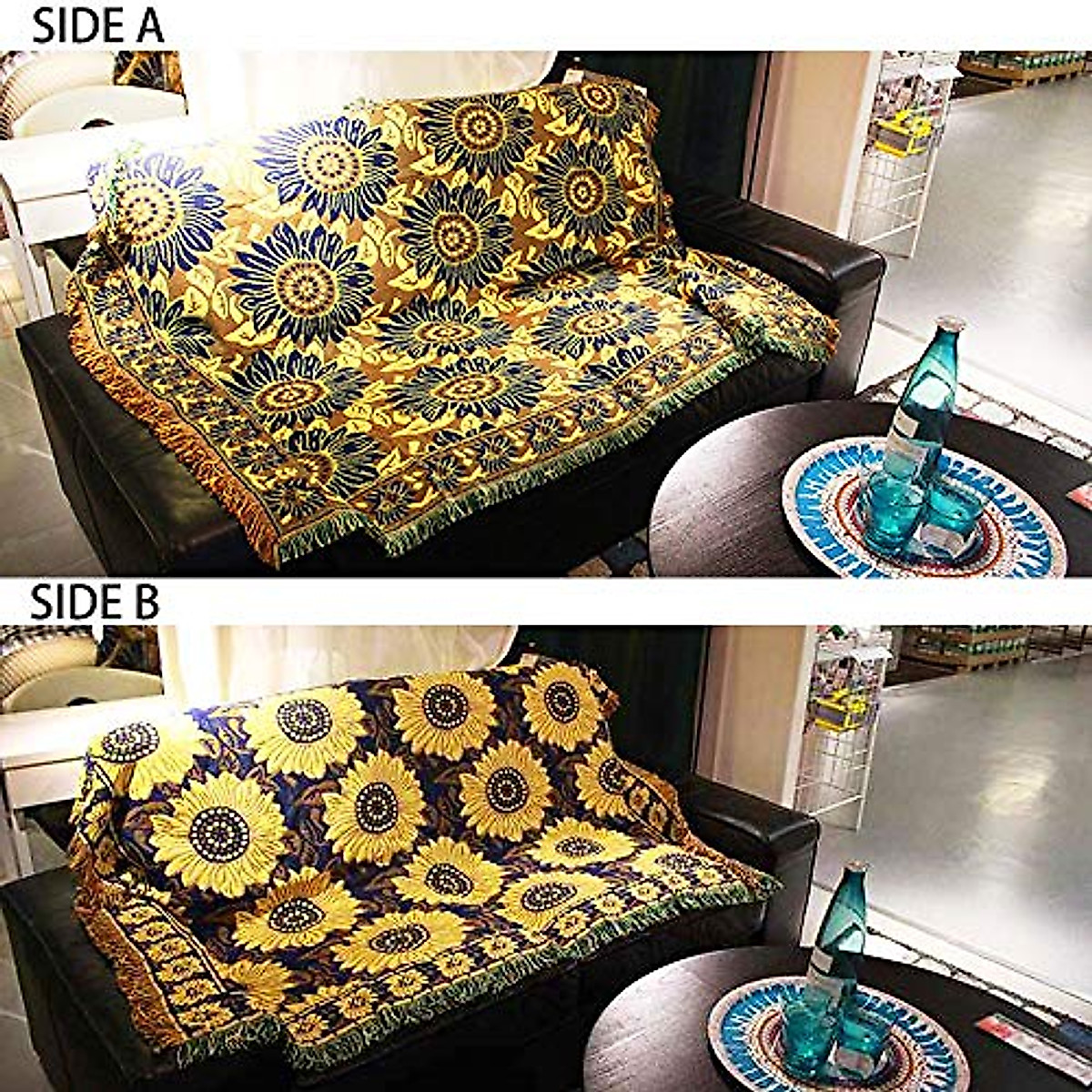 PHNAM Sunflower Throw Blanket with Fringe for Couch Bed Soft Decorative Cozy Cotton Woven Knit Warm Bed Throws Reversible for Chair, Sofa, Living Room, Bedroom (51x70.8 inches) (Sunflower)
