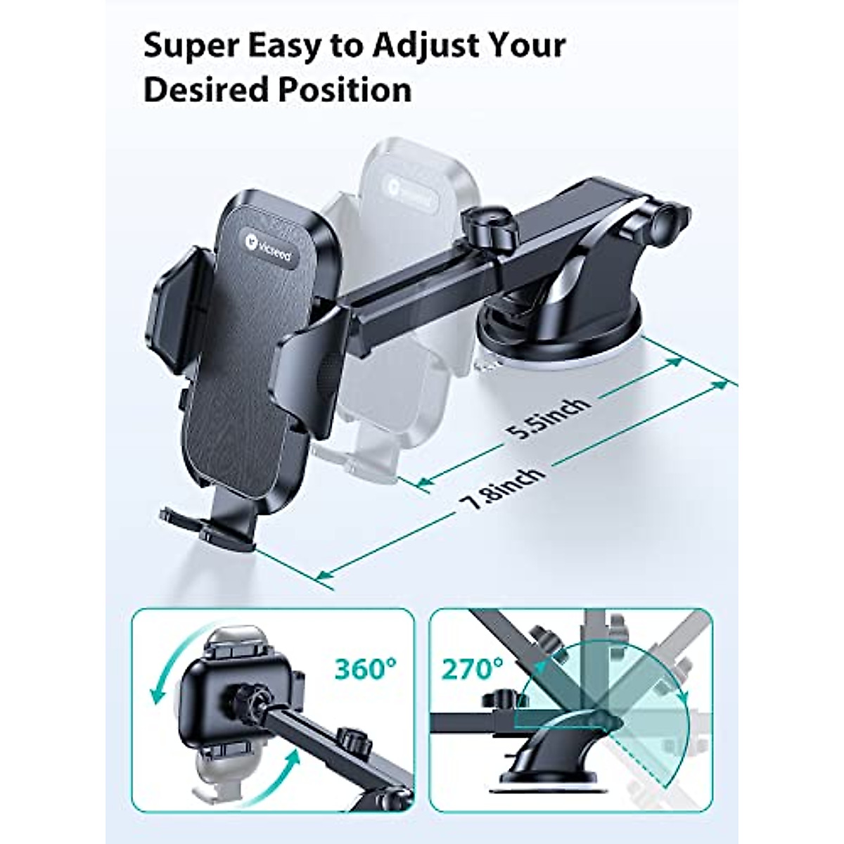 VICSEED Phone Mount for Car [Off-Road Stable][Thick Case & Big Phones Friendly] 3 in 1 Car Phone Holder Mount Suction Cell Phone Holder Car Dashboard Windshield Air Vent Car Mount for iPhone Samsung