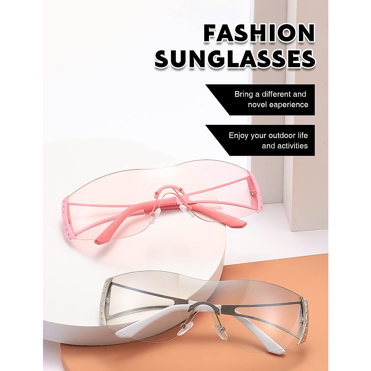 TIANYESY Y2K Sunglasses For Women Men Fashion Shield Rimless Wrap Around Sunglass Gradient Lens Trendy Oversize Sun Glasses (Silver+Pink)