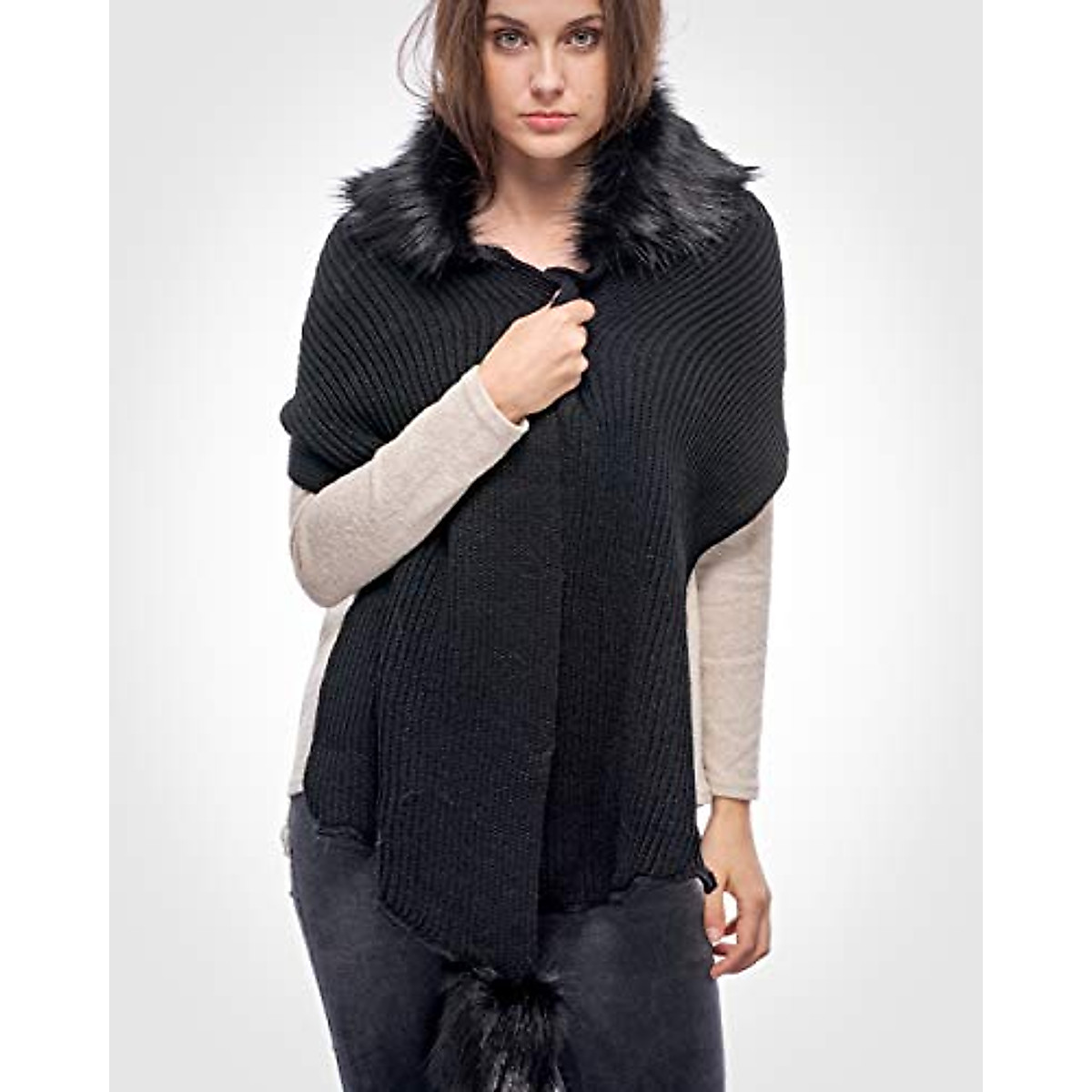Futrzane Faux Fur Hooded Scarf for Women - Versatile Knitted Cowl for Winter (Black - Black Raccoon)