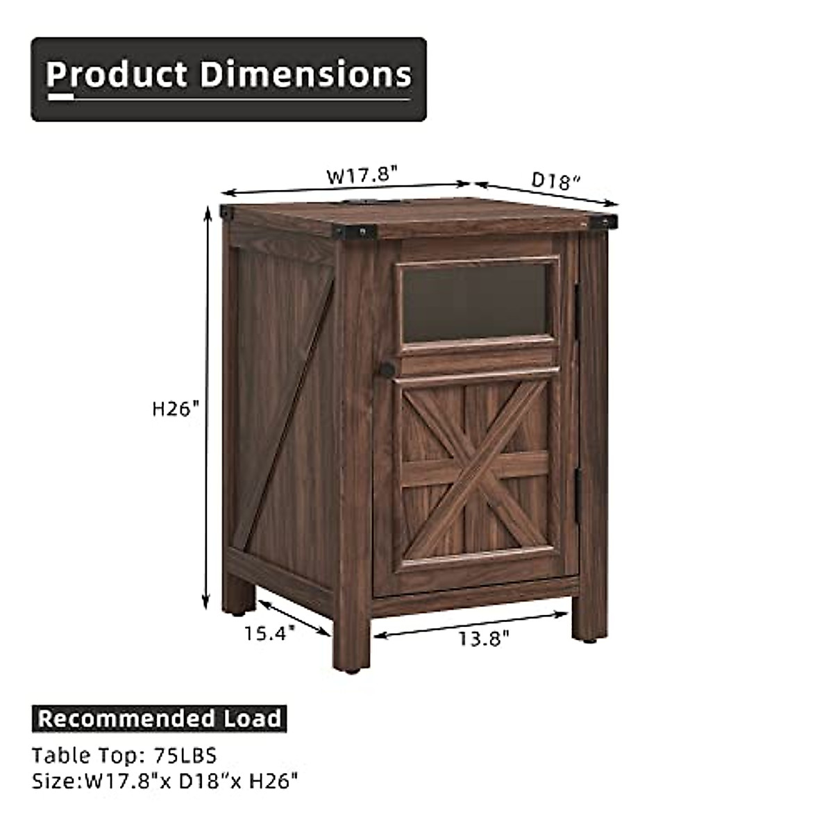 JXQTLINGMU Farmhouse End Table with Charging Station, 18'' Rustic Nightstand with Barn Door & Adjustable Shelf, Wooden Sofa Side Table with 3-Tier Storage for Living Room, Bedroom, Brown