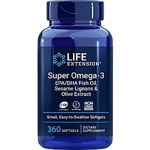 Life Extension Super Omega-3 360 Softgels, Easy to Swallow, EPA/DHA Omega3 Fish Oil, Sesame Lignans & Olive Extract