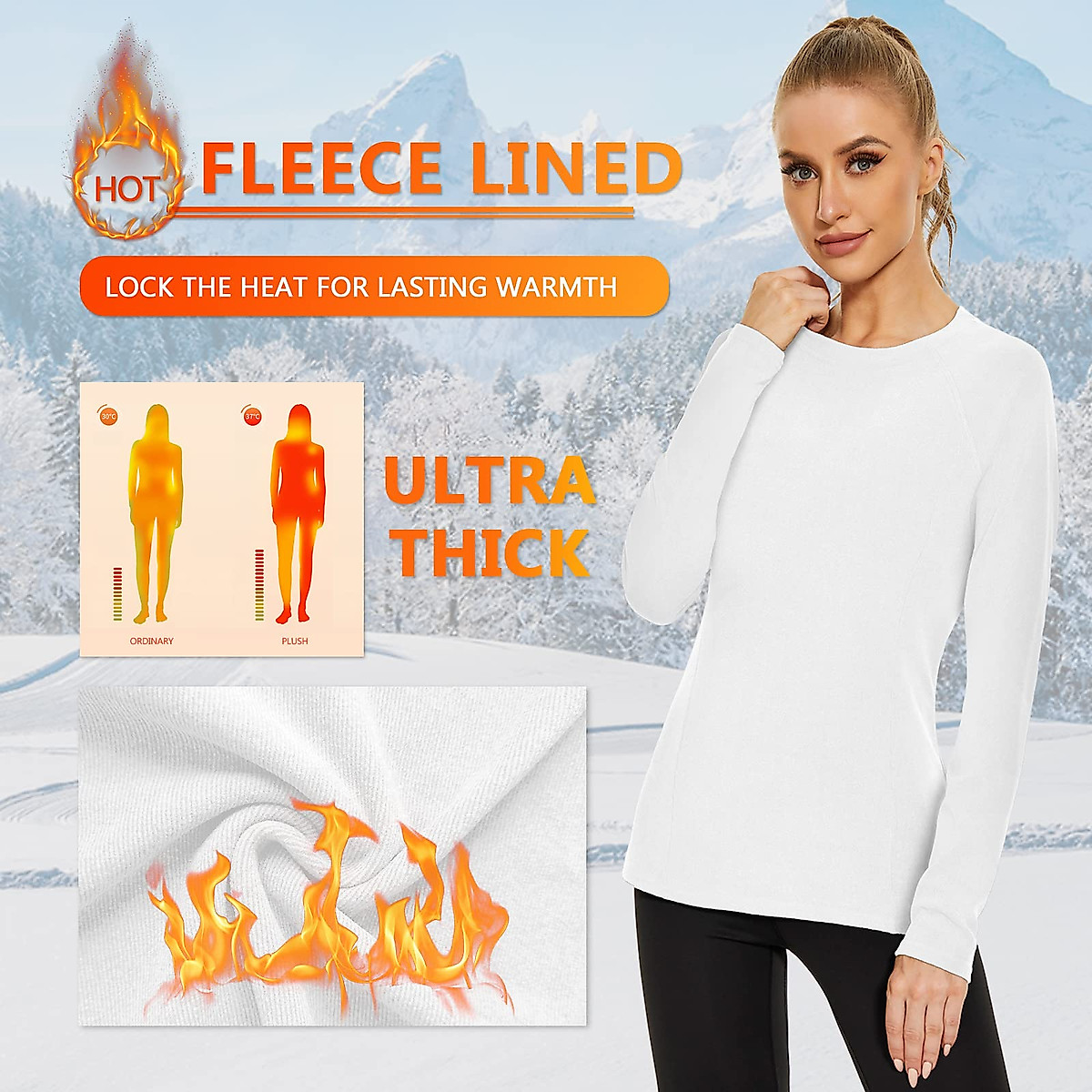 WOWENY Thermal Shirts for Women Base Layer Ultra Soft Fleece Lined Long Sleeve Top Thermal Underwear Winter Cold Weather(White,Medium)