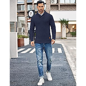 COOFANDY Men's Shawl Collar Sweaters V-Neck Relaxed Fit Basket Knitted Pullovers Navy Blue