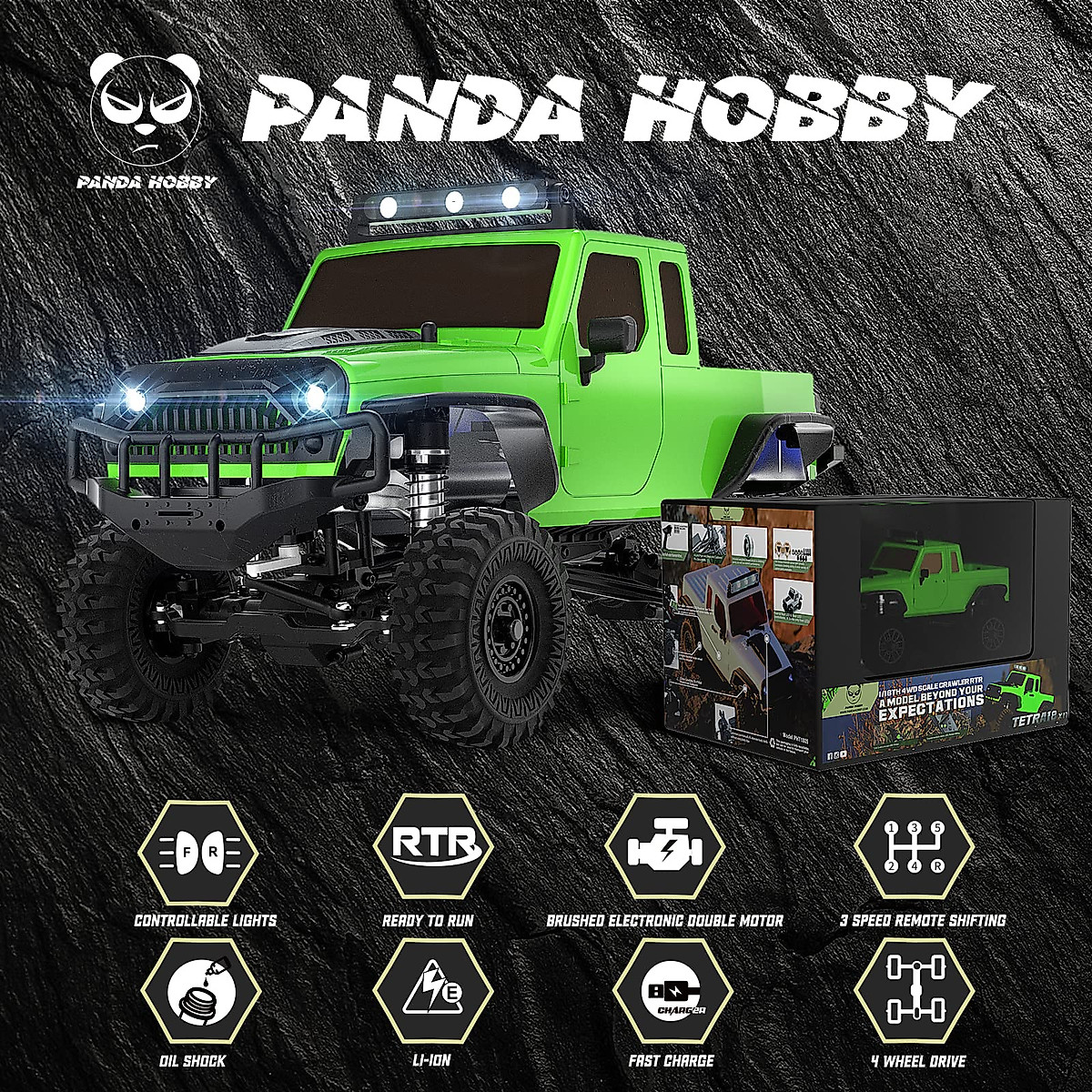 PANDA HOBBY RC Rock Crawler 4x4,RC Crawler 1/18 4WD Off Road RC Cars,RTR Remote Control Car for Adults,1:18 Scale RC Truck Cruiser Vehicle,Waterproof All Terrains Hobby RC Model Car,Tetra18 X1T,Green