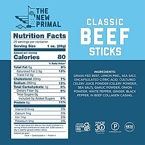 The New Primal Grass Fed Beef Sticks, Keto, Gluten Free Healthy Snacks, Sugar Free Low Carb High Protein Snack, Jerky Meat Stick, 6g Protein, 20 Ct
