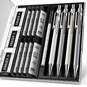 Four Candies 0.7mm Mechanical Pencil Set with Case - 4PCS Metal Mechanical Pencils, 6 Tubes HB #2 Lead Refills, 3PCS 4B Erasers and 9PCS Eraser Refills, Lead Mechanical Pencils for Writing & Drawing