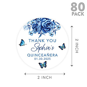 Andaz Press 40-Pack Personalized 2" Round Circle Quinceañera Labels, Blue Butterflies Custom Sticker Labels for Mis Quince Años Favors, Invitations, XV, 15th Birthday Quinceanera Decorations