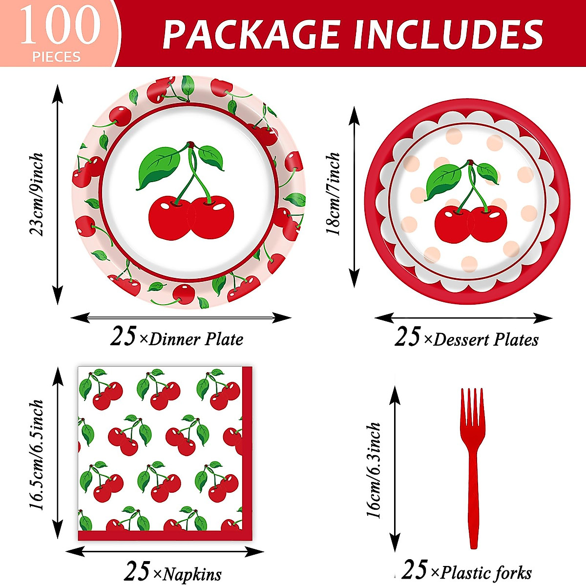 OBUSATT 100 Pcs Cherry Fruit Party Supplies Tableware Set Summer Tropical Picnics Dinnerware Set Disposable Paper Plates Napkins for Baby Shower Birthday Party Decoration for 25 Guests