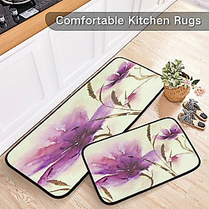 xigua 2 Pieces Purple Flower Kitchen Rugs and Mats Set Absorbent Soft Microfiber Bath Mat Non-Slip Doormat Laundry Runner Set, 19.7"x47.2"+19.7"x27.6"