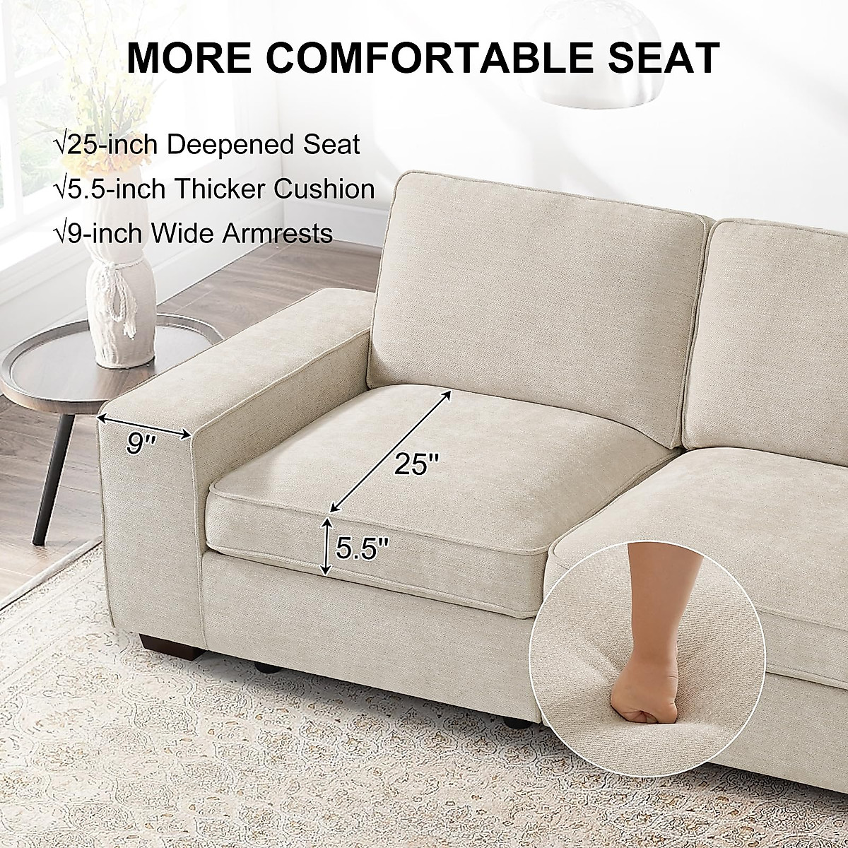 100.5" Modular Sectional Sofa with Seat Storage,Modern Chenille Couch 3 Seater Sofas for Living Room,Extra Wide Armrest,Side Pockets,Washable Sofa Cover and Solid Wood Frame, Easy to Install(Beige)