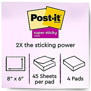 Post-it Super Sticky Notes, 8x6 in, 4 Pads, 2x the Sticking Power, Energy Boost Collection, Bright Colors, Recyclable (6845-SSPL)