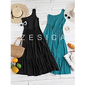 ZESICA Women's 2025 Bohemian Summer Floral Print One Shoulder Sleeveless Smocked Ruffle Tiered Beach Long Midi Dress,Black,Medium