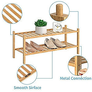 RONGJIA 2-Tier Natural Bamboo Shoe Rack - Stackable Storage Shelf with Multi-Function Combinations - Free Standing Shoe Racks for Convenient Shoe Organization（Natural） 11" D x 27" W x 13" H