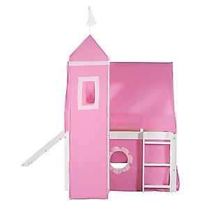 Harper & Bright Designs House Loft Bed with Slide and Tent, Full Size Loft Bunk Bed with Tower and Ladders, Wood Bunk Bed with Slide, Playhouse Bed Frame for Kids, Teens, Boys & Girls (Full, Pink)