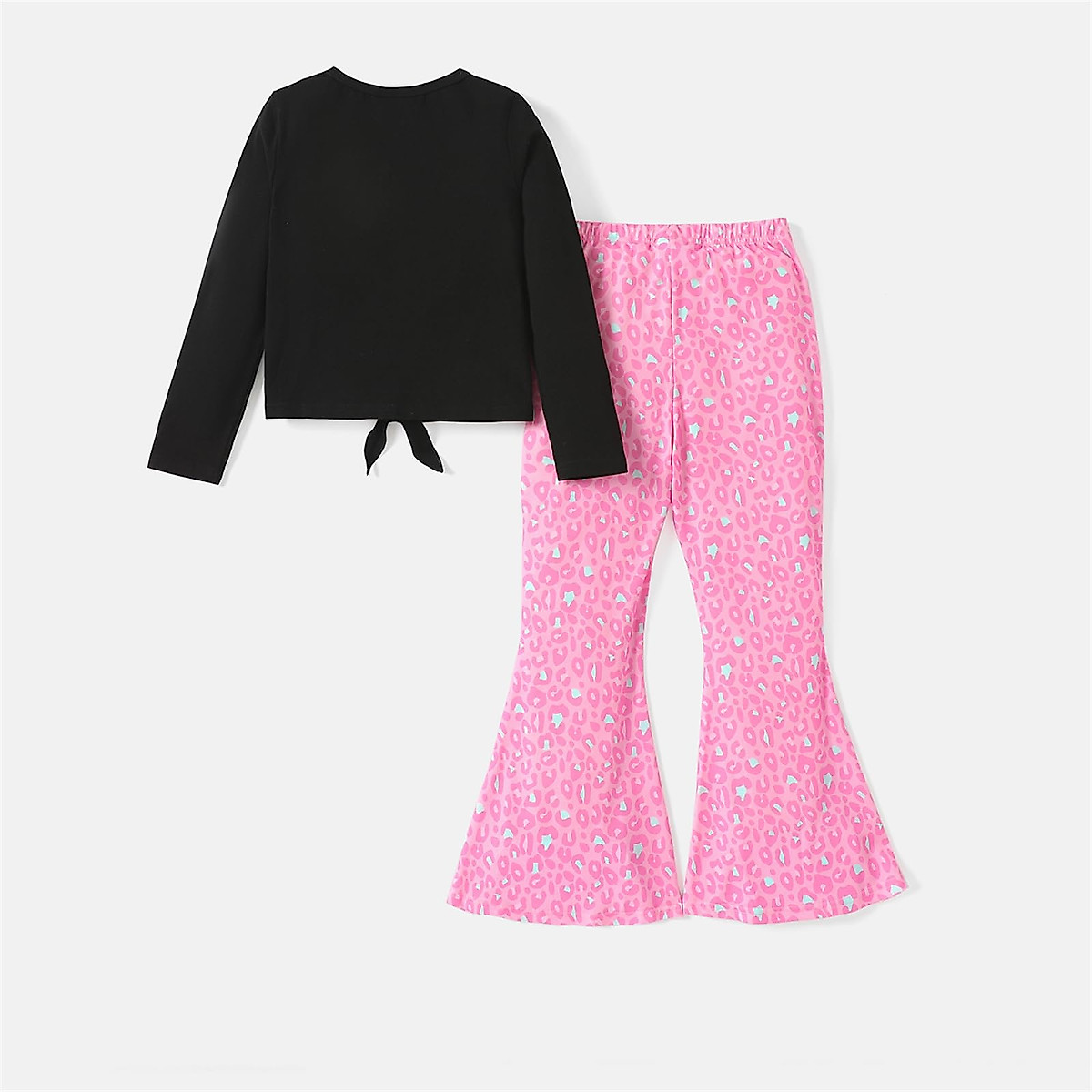 L.O.L. Surprise! Girls 2 Piece Outfits Tie Knot Long Sleeve Tee Top and Heart Pink Bell Bottom Flared Pants Set Black 8-9 Years