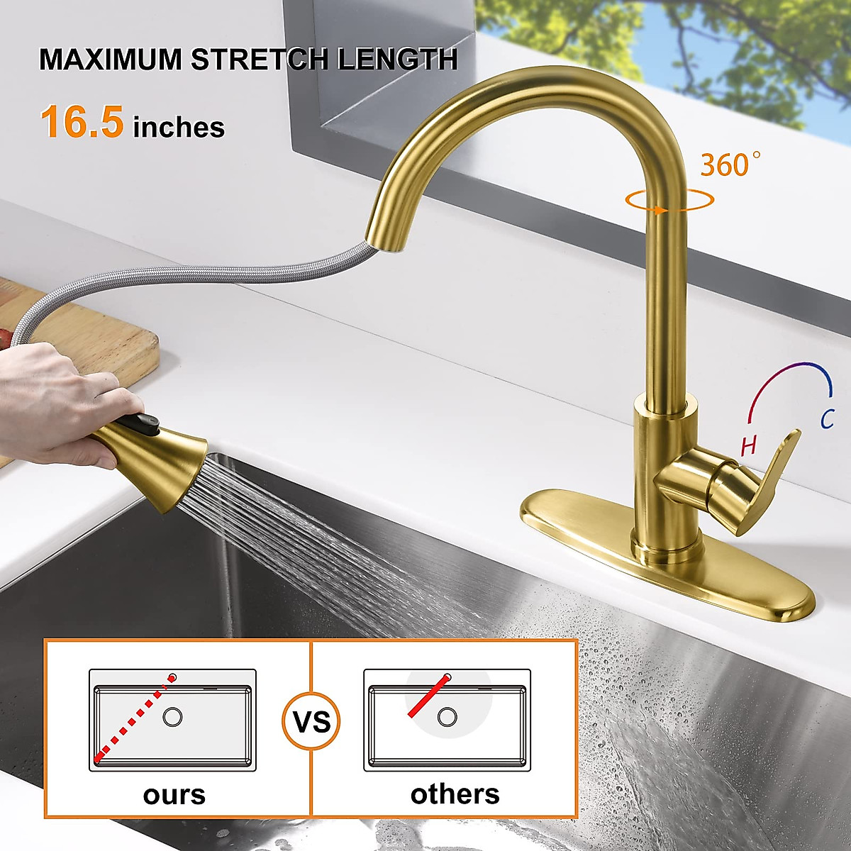 AMAZING FORCE Gold Kitchen Faucet Modern Pull Out Kitchen Faucets Stainless Steel Single Handle Kitchen Sink Faucet with Pull Down Sprayer 3 Hole Kitchen Faucet Mixer Tap 1.8 GPM