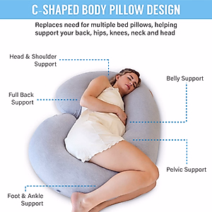 Pharmedoc Pregnancy Pillows, C-Shape Full Body Pillow – Jersey Cover Dark Grey – Pregnancy Pillows for Sleeping – Body Pillows for Adults, Maternity Pillow and Pregnancy Must Haves, New Mom Gifts