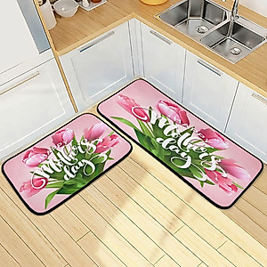 ALAZA Happy Mother's Day Pink Tulip Flower Floral 2 Piece Kitchen Rug Floor Mat Set Runner Rugs Non-Slip for Kitchen Laundry Office 20" x 28" + 20" x 48"