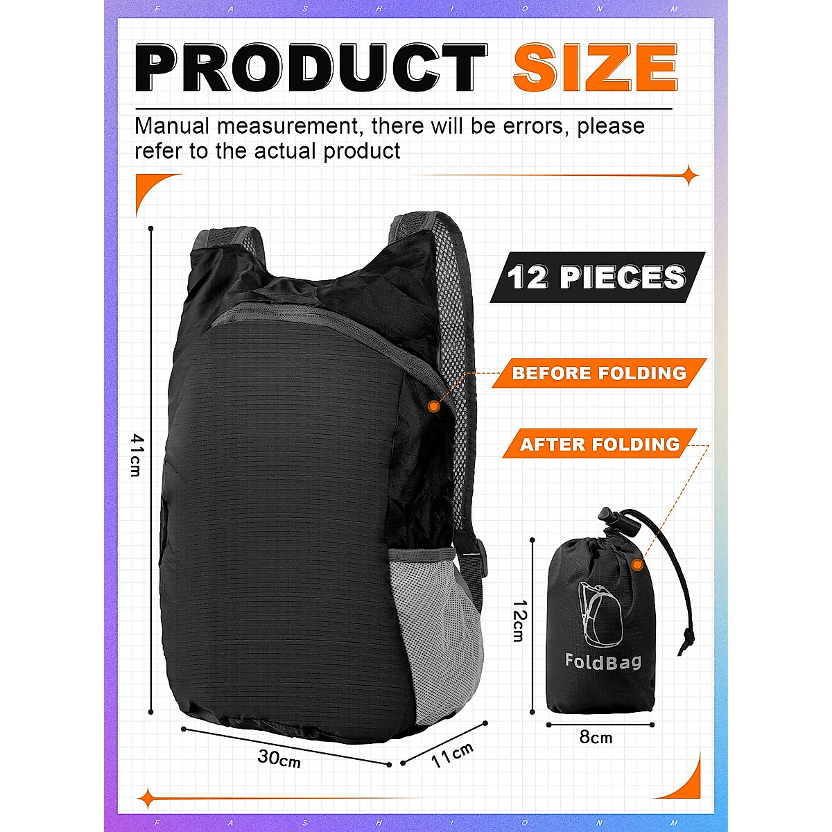 12 Pieces Foldable Hiking Daypacks Water Resistant Lightweight Packable Backpack Black Collapsible Backpack Camping Packable Bag for Women Men Travel Outdoor Running Sports Activities