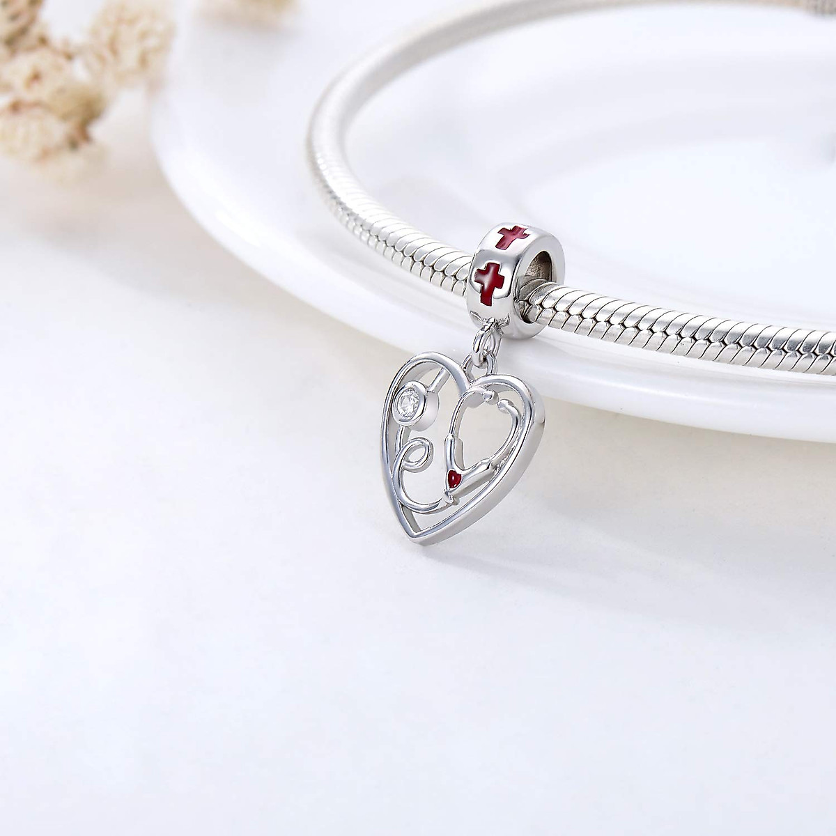 LEECCI Nurse Charm for Bracelet 925 Sterling Silver Stethoscope Charm Nursing Themed Charm Medical Jewelry for Doctor Nurse Medical Student RN Nurse Gifts for Women (Heart Stethoscope)