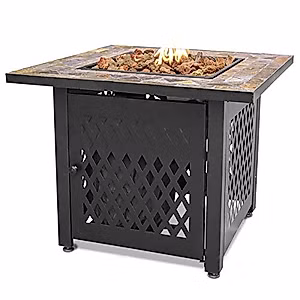 Endless Summer 30 Inch Square 30,000 BTU LP Gas Outdoor Firepit Table with Slate Tile Mantel, Diamond Design Steel Base, Lava Rock, and Cover, Brown