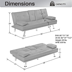Convertible Futon Sofa Bed, Modern Leather Couch Upholstered Loveseat Sleeper Sofa with Cup Holder and Adjustable Back, Recliner Folding for Living Room, Apartment, Office (Black)