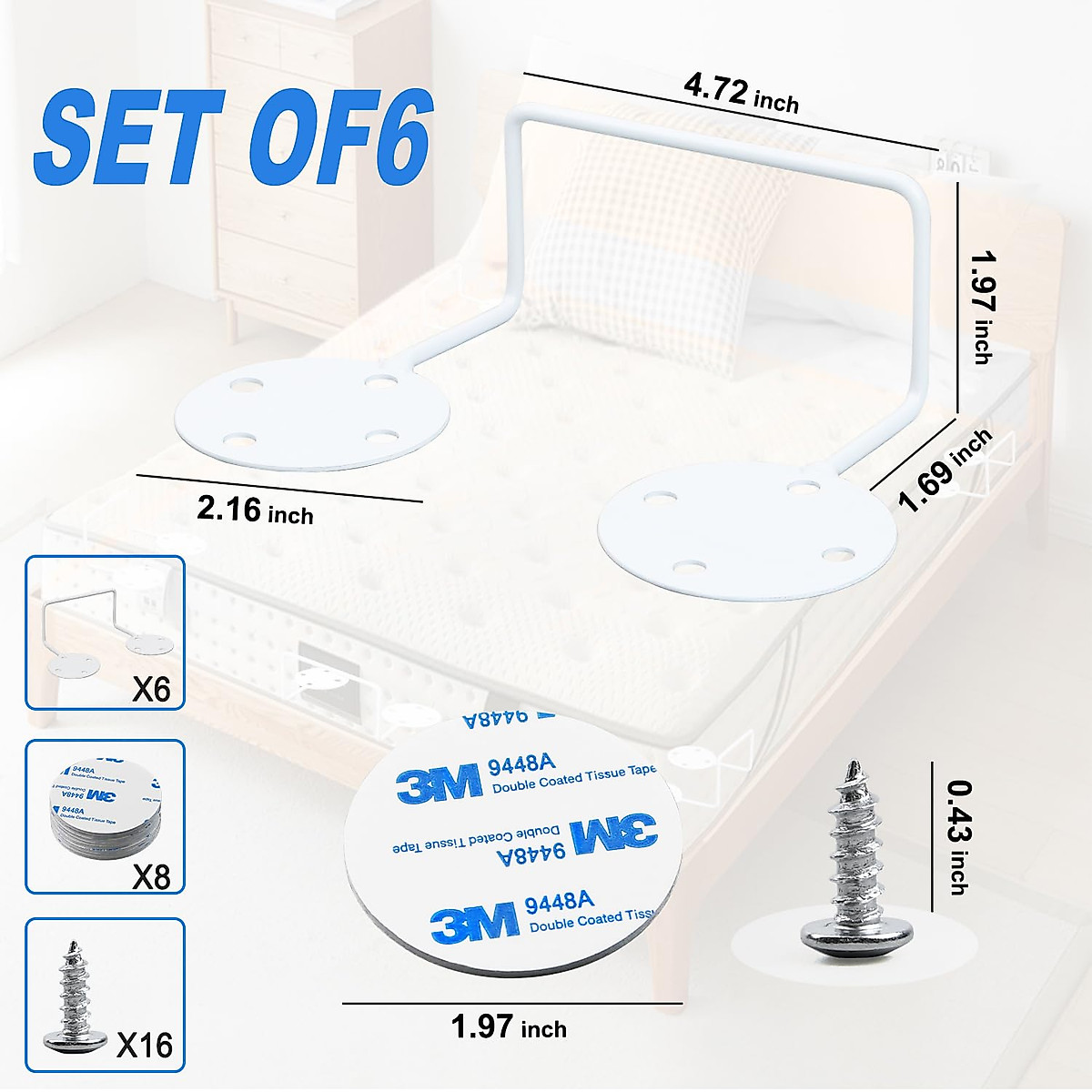 Non Slip Mattress Slide Stopper, Retainer Bar Anti-Slip Baffle Secure Grip Fits Most Wooden Bed Frames Easy Installation Metal Pad Gripper 6PCS White