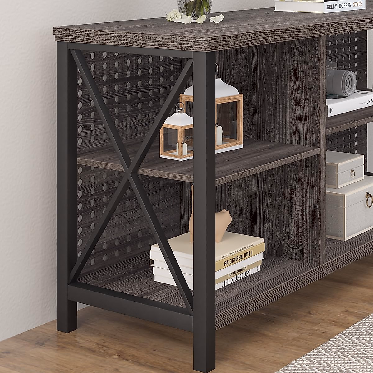 LVB Rustic TV Stand, Industrial Entertainment Center for 70 Inch TV, Long Wood and Metal Television Stand with Storage, Large Modern Farmhouse Media Console Table for Living Bedroom, Rustic Oak, 59 In