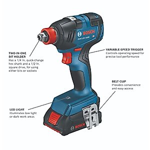 BOSCH GXL18V-240B22 18V 2-Tool Combo Kit with 1/2 In. Hammer Drill/Driver, Two-In-One 1/4 In. and 1/2 In. Bit/Socket Impact Driver/Wrench and (2) 2 Ah Standard Power Batteries