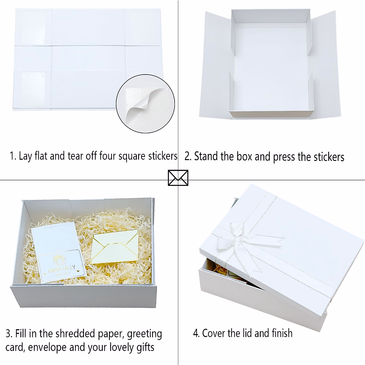 MYGOGOART Large White Gift Box 13 x 10 x 5 Inches with Lid, Ribbon Bow, Shredded Raffia Paper Fill, Greeting Card and Envelope for Wedding Birthday Valentines Bridal Gifts (1 pack, White)