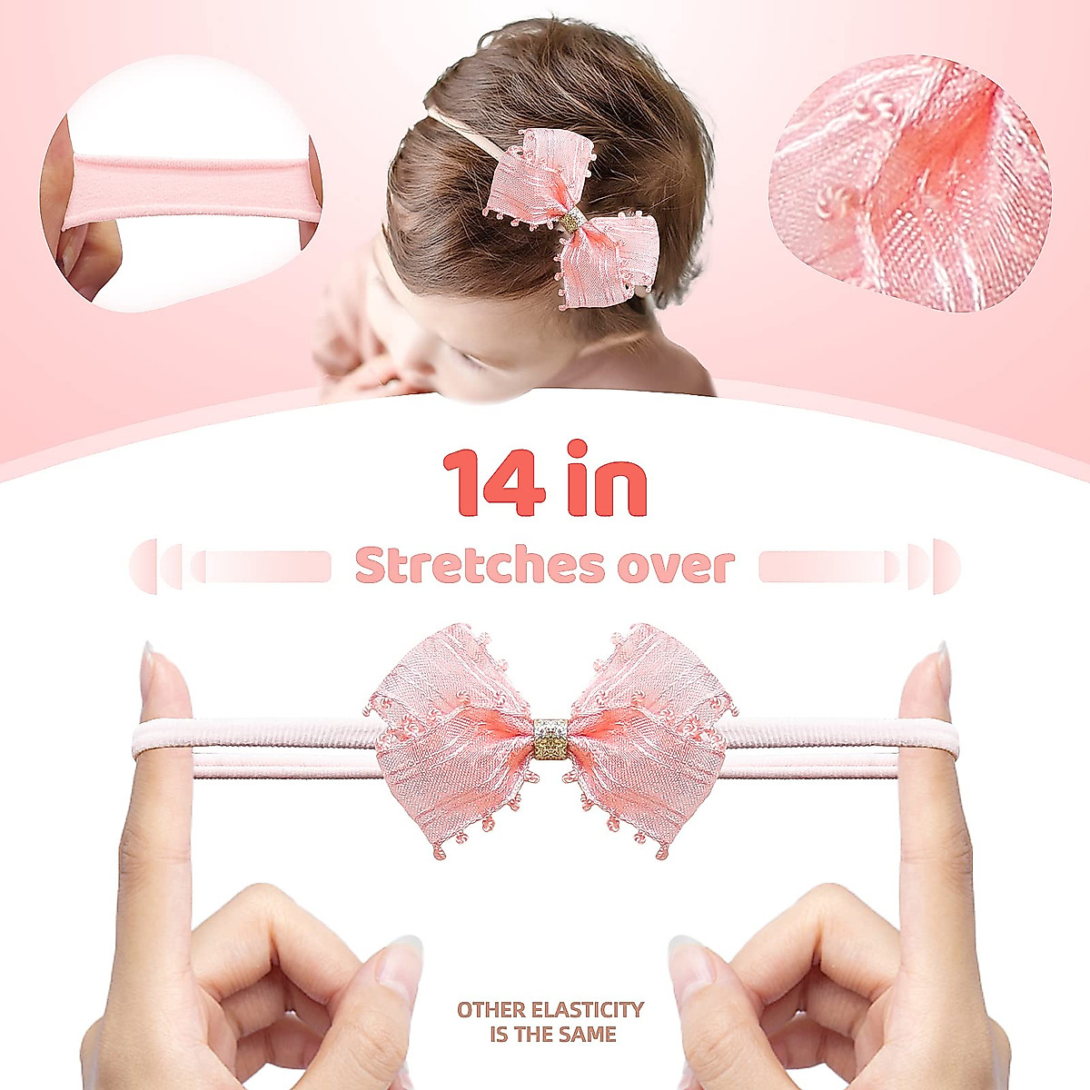 PONAPO Baby Girls Headbands with Bows, 10PCS Infant Headbands Elastics for Newborn, Toddlers, Kids - Pink