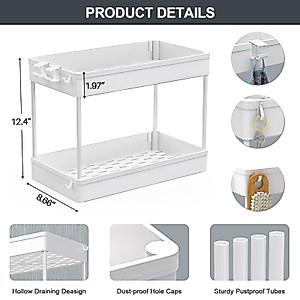 SPACEKEEPER Under Sink Organizer, 2 Tier Under Sink Storage Organizer, Bathroom Standing Rack, Bath Collection Baskets with Hooks, Multi-purpose Storage Shelf, White, 2 Pack