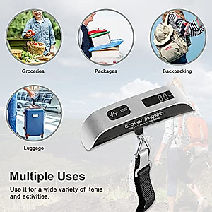 travel inspira Luggage Scale, Portable Digital Hanging Baggage Scale for Travel, Suitcase Weight Scale with Rubber Paint, 110 Pounds, Battery Included - Silver