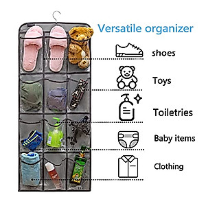 ANZORG Dual Sided Hanging Shoe Organizer for Closet with Rotating Hanger Hanging Shoe Rack Holder with 24 Large Pockets (GREY-Clear Pockets)