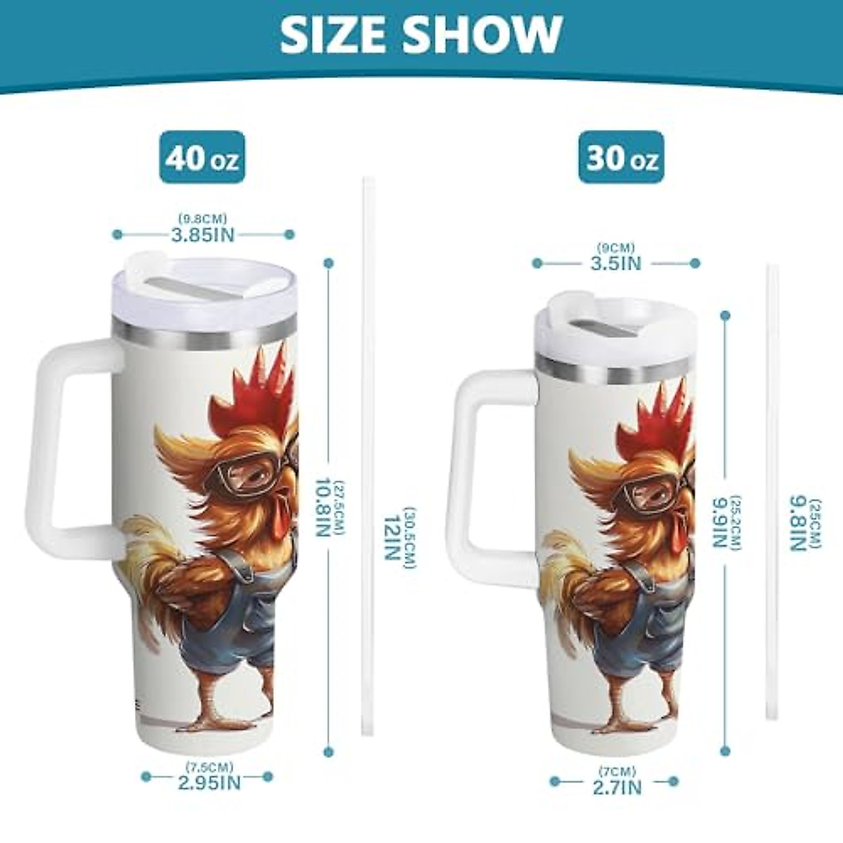 ODAWA Cartoon Rooster Travel Tumbler with Straw and Lid Water Bottle 30 Oz Stainless Steel Cups