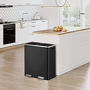 finetones Dual Step Trash Can, 16 Gallon (30L) Stainless Steel Garbage Can with 2 Soft-Close Lid and 2 Removable Inner Wastebasket, Bin Body with Handle for Kitchen, Home Office, Black…