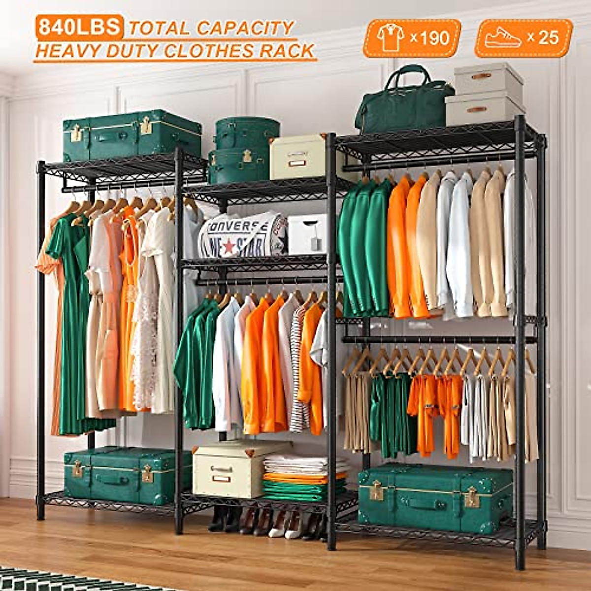 Raybee Clothes Rack for Hanging Clothes Rack Heavy Duty Clothing Rack Load 840 LBS Metal Clothing Racks for Hanging Clothes Rack Heavy Duty Adjustable Wire Garment Rack 76.8" H x 68.8" W x 16.8" D