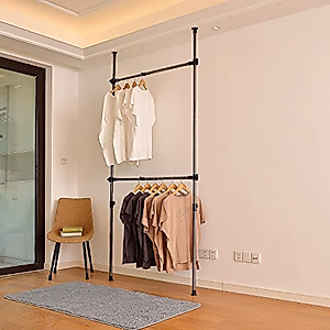 Free Standing Closet, Double Adjustable Heavy Duty Clothing Racks for Hanging Clothes, Closet Organizer System Standing Clothes Rack with Telescopic Clothing Rod fit for Clothes Storage. (Black)