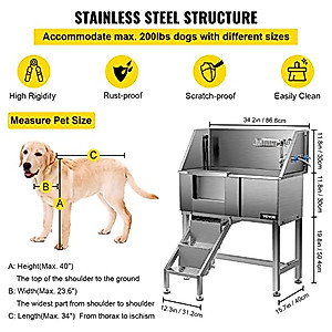 VEVOR 34" Pet Grooming Tub Stainless Steel Dog Wash Station Pet Washing Station and Dog Bath Tub Water-Resistant Grooming Tub for Dogs with Removable Door & Ladder on The Left