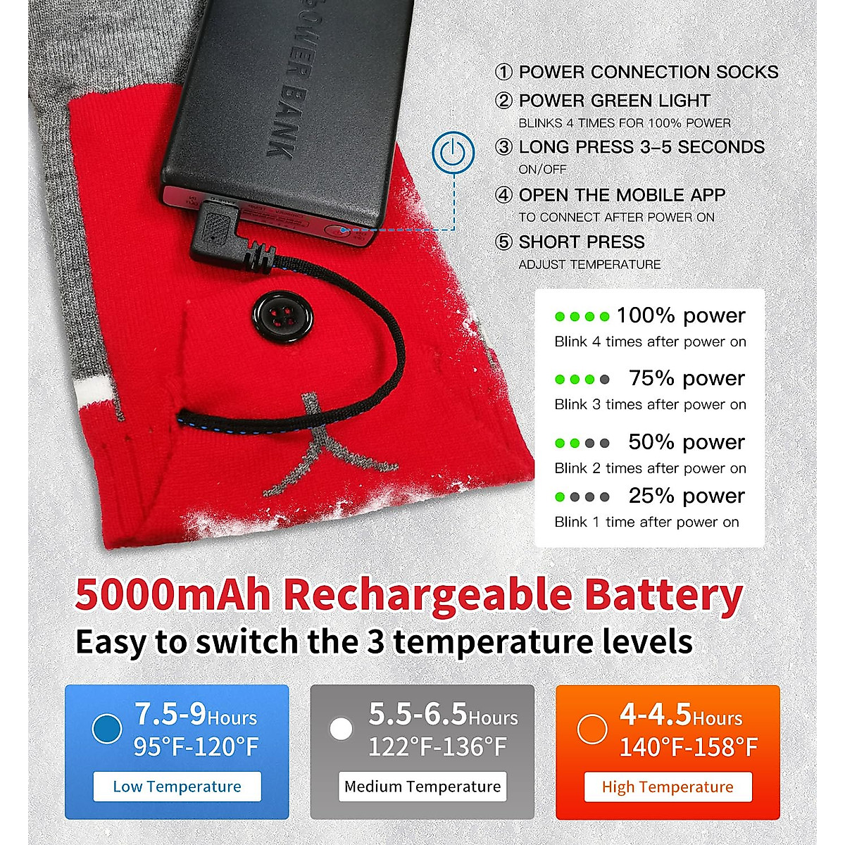 YAHAVA Electric Heated Socks for Men Women 5000mAh Rechargeable Battery Heated Socks with APP Remote Control Washable Feet Warmer Socks for Winter Hunting-Black