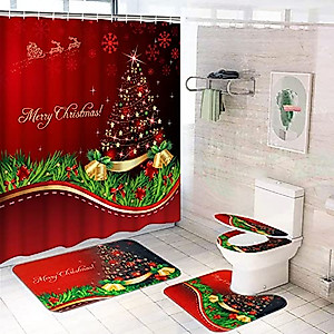 Claswcalor 5 Pcs Merry Christmas Shower Curtain Sets with Rugs, Toilet Lid Cover, Bath Mat and Toilet Seat Cover, Waterproof Xmas Christmas Tree Shower Curtains for Bathroom with 12 Hooks, Red