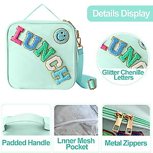 Insulated Lunch Bag With Adjustable Shoulder Strap, Nylon Preppy Lunch Box Large Insulated Lunch Bag Reusable Lunch Tote Bag with Smiley Preppy LunchBag for Girls School Travel Picnic (Green)